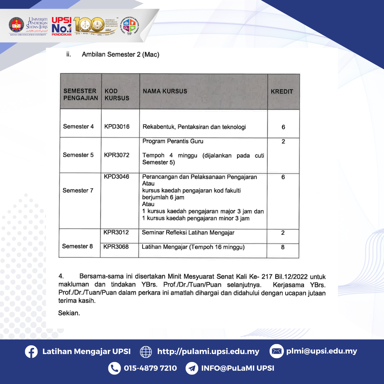 MAKLUMAN PELAKSANAAN PROGRAM PERANTIS GURU (KPR3072), LATIHAN MENGAJAR ...
